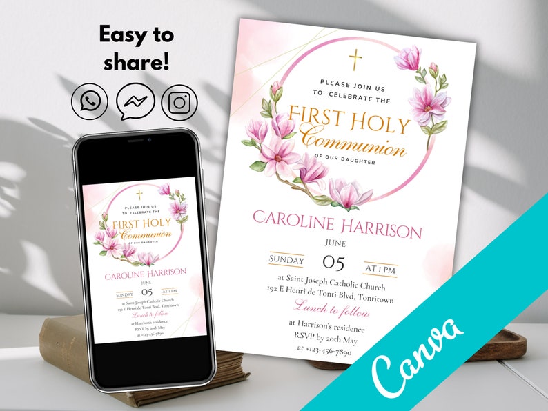 Editable Pink Watercolor Communion Invite Personalized Girl's First ...