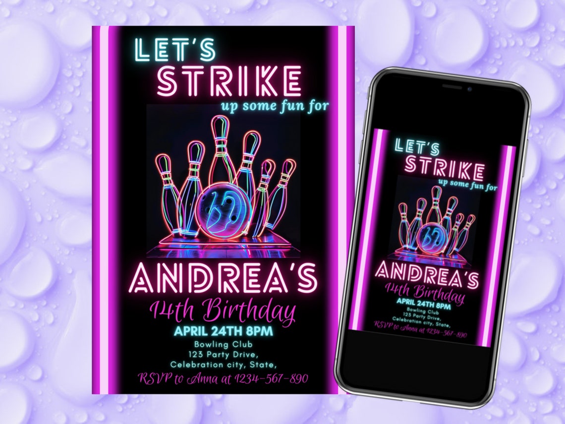 Editable Bowling Birthday Invitation Neon Bowling Invitation Bowling ...