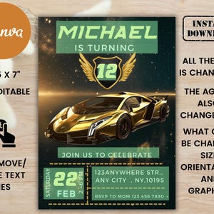 Editable Lamborghini Birthday Invitation Card , Race Car Theme for Boys ...