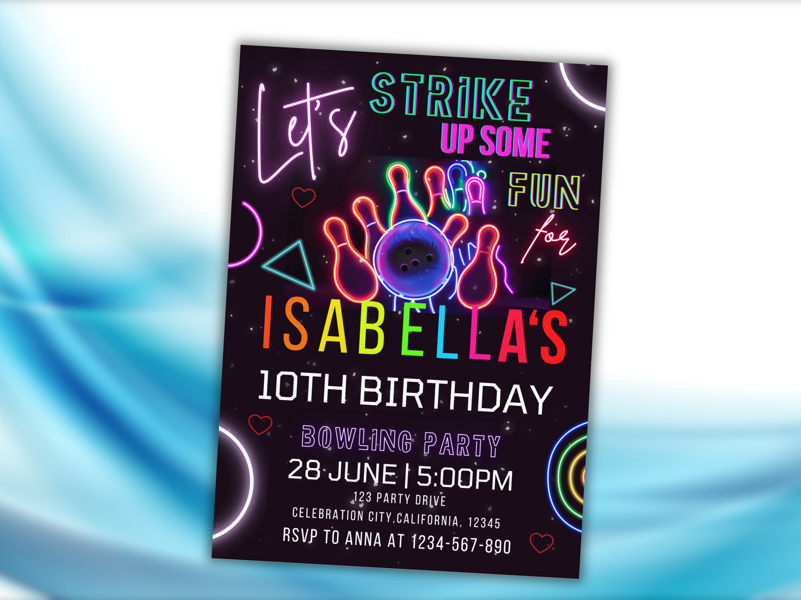 Editable Bowling Birthday Invitation Neon Invitation Bowling Invitation ...