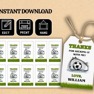 Soccer Thank You Tag: Editable Birthday Party Favor (digital Download ...