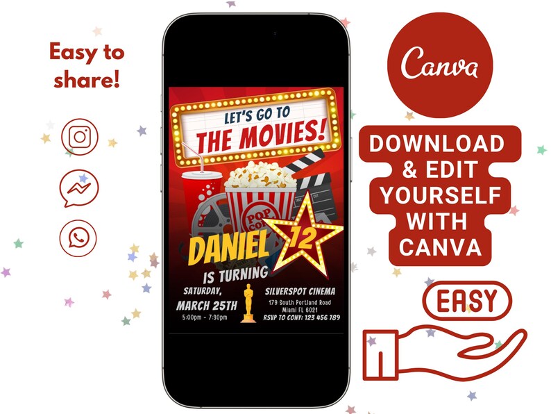 Movie Birthday Invitation, Cinema Party Invite, Popcorn Party, Instant ...