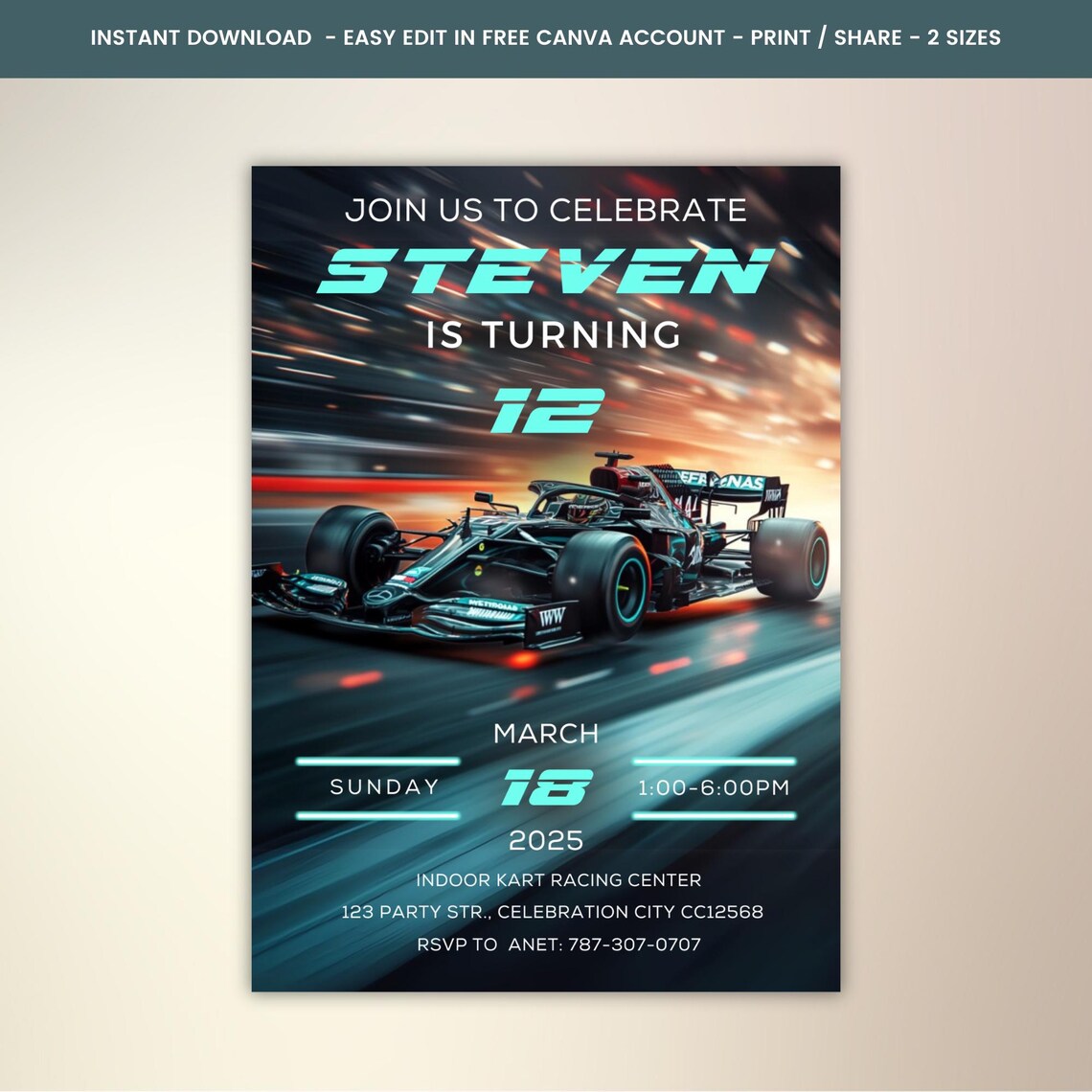Formula 1 Birthday Invitation: Mercedes Race Car Party (digital Canva ...