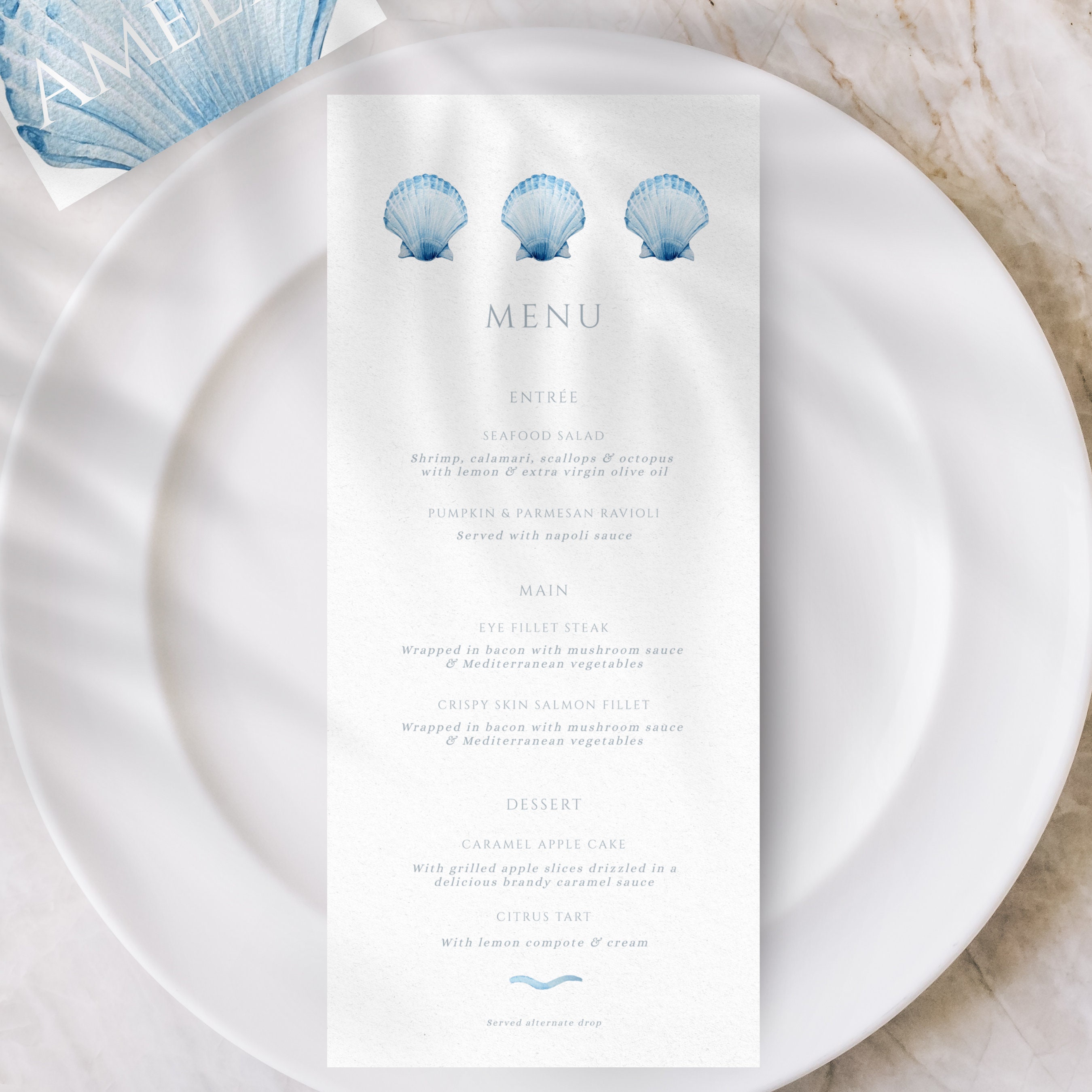Blue Shell Menu Template, Hand Painted Watercolour Wedding /bridal ...