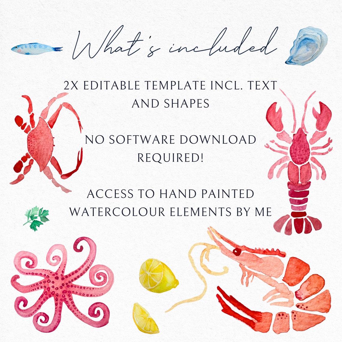 Seafood Menu Template, Hand Painted Watercolour, Wedding /bridal Shower ...