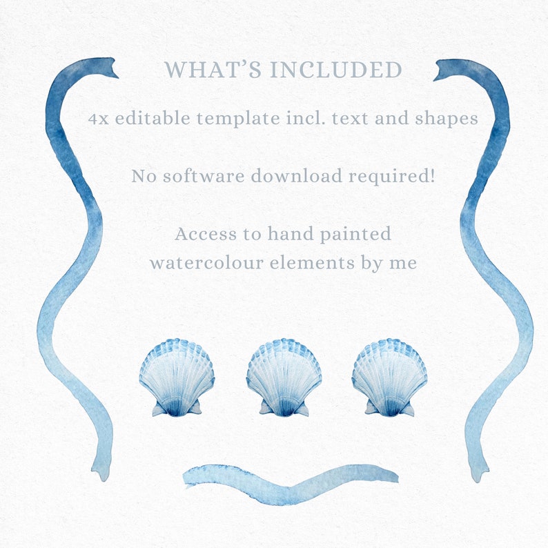 Blue Shell Invitation Template, Hand Painted Watercolour, Wedding ...