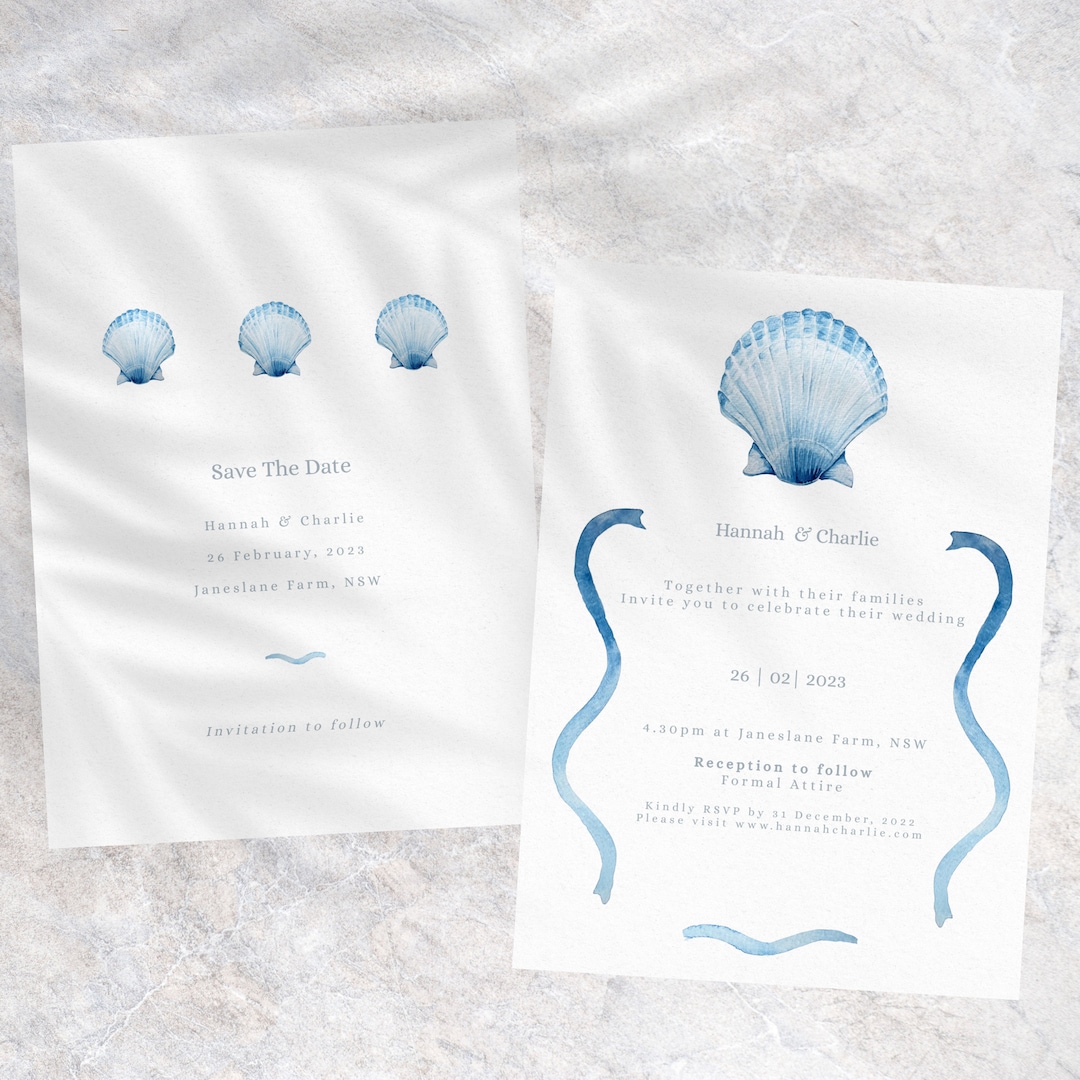 Blue Shell Invitation Template, Hand Painted Watercolour, Wedding ...