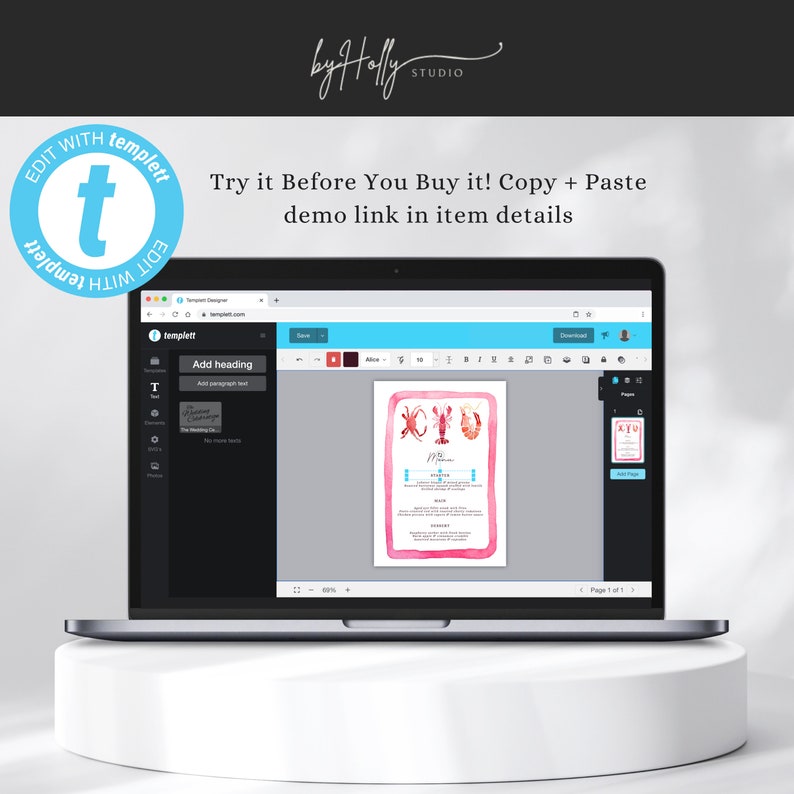 Pink Lobster Menu Template, Hand Painted Watercolour, Wedding /bridal ...