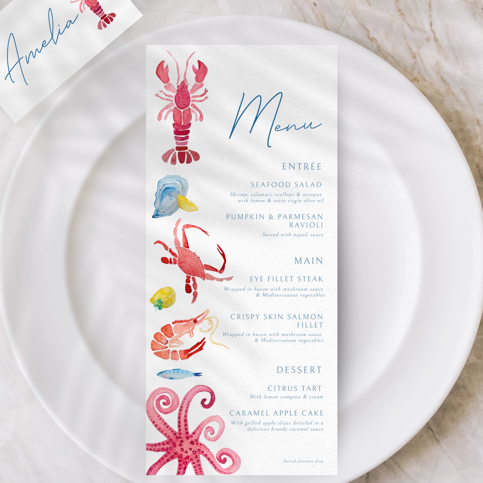 Seafood Menu Template, Hand Painted Watercolour, Wedding /bridal Shower ...