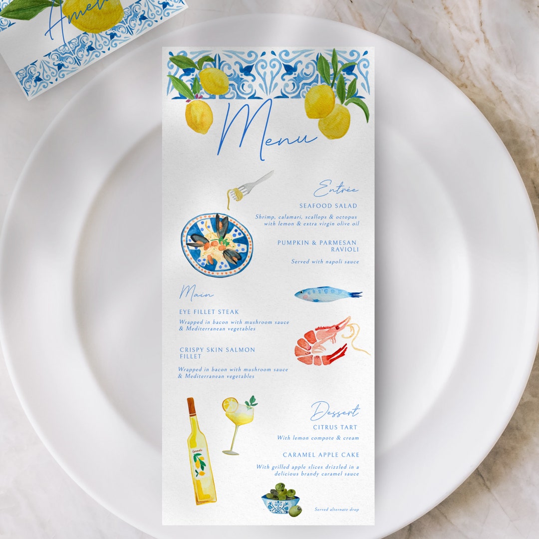 Amalfi Coast Menu Template Hand Painted Watercolour Wedding Bridal ...