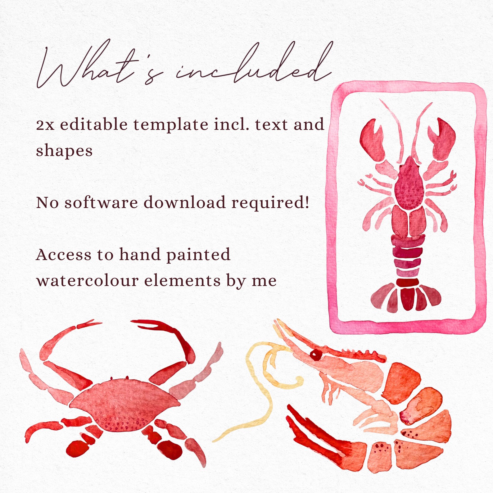 Pink Lobster Menu Template, Hand Painted Watercolour, Wedding /bridal ...