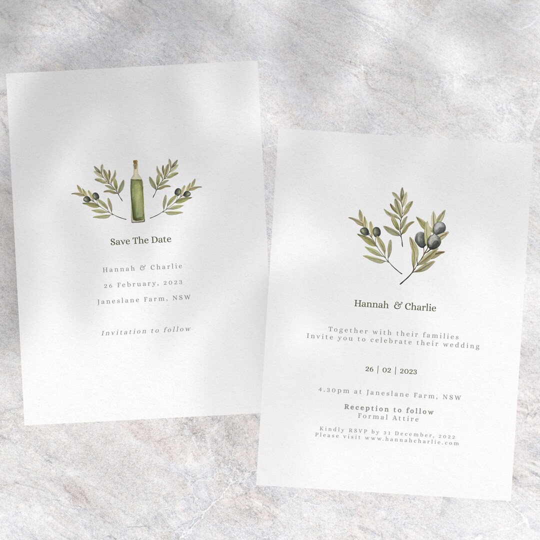 Olive Branch Invitation Template, Hand Painted Watercolour, Wedding ...