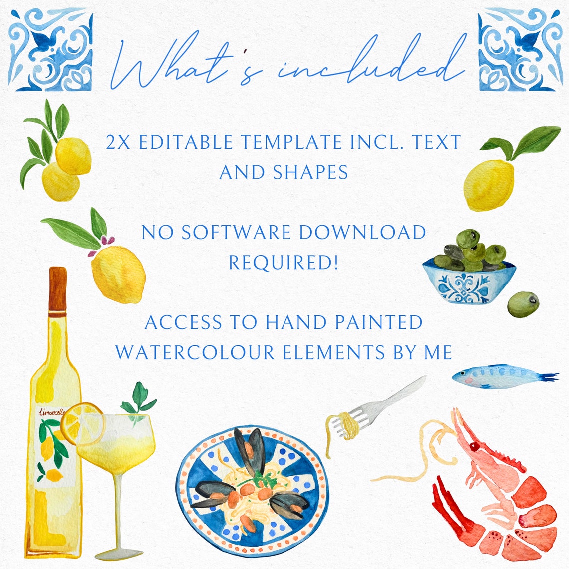 Amalfi Coast Menu Template Hand Painted Watercolour Wedding Bridal ...