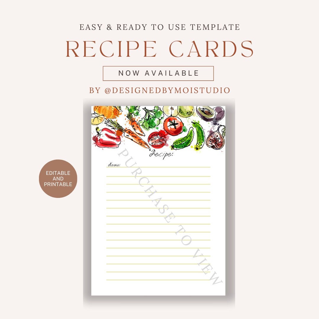 Digital Recipe Card Template Instant Download - (organisation, Planning ...