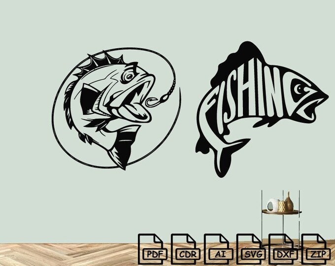 Fishing Couple Cut Svg Dxf File Wall Sticker Pdf Silhouette Template ...