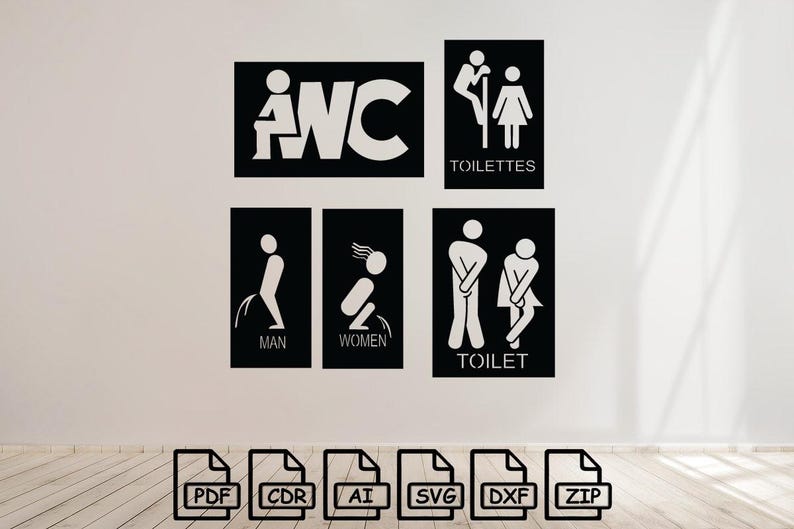 WC, Toilet Unisex Sings Svg Dxf File Wall Sticker Pdf Silhouette ...