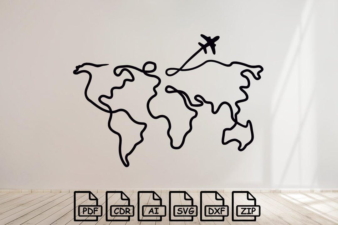 World Map, Airplane Cut Svg Dxf File Wall Sticker Pdf Silhouette ...