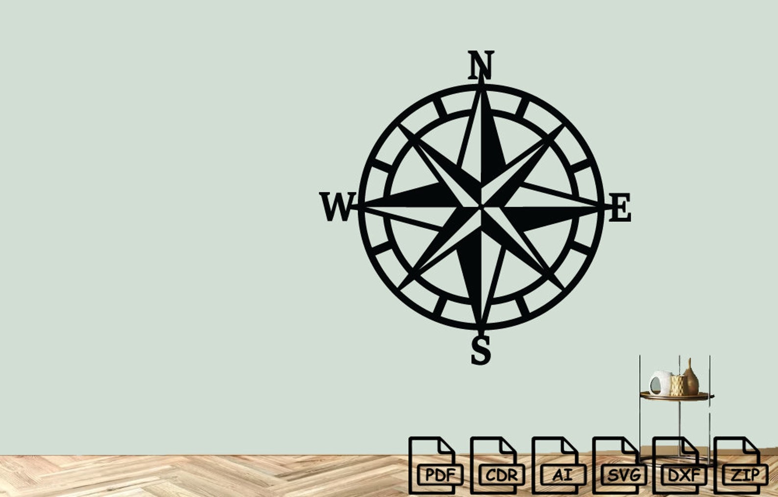 Compass Svg Dxf File Wall Sticker Pdf Silhouette Template Cnc Cutting ...