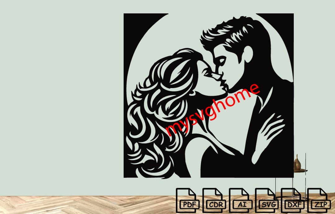 Kissing Couple Svg Dxf File Wall Sticker Pdf Silhouette Template Cnc ...