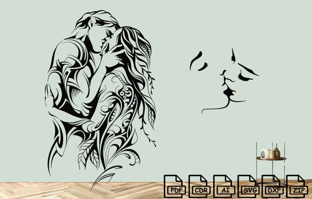 Kissing Couple Svg Dxf File Wall Sticker Pdf Silhouette Template Cnc ...