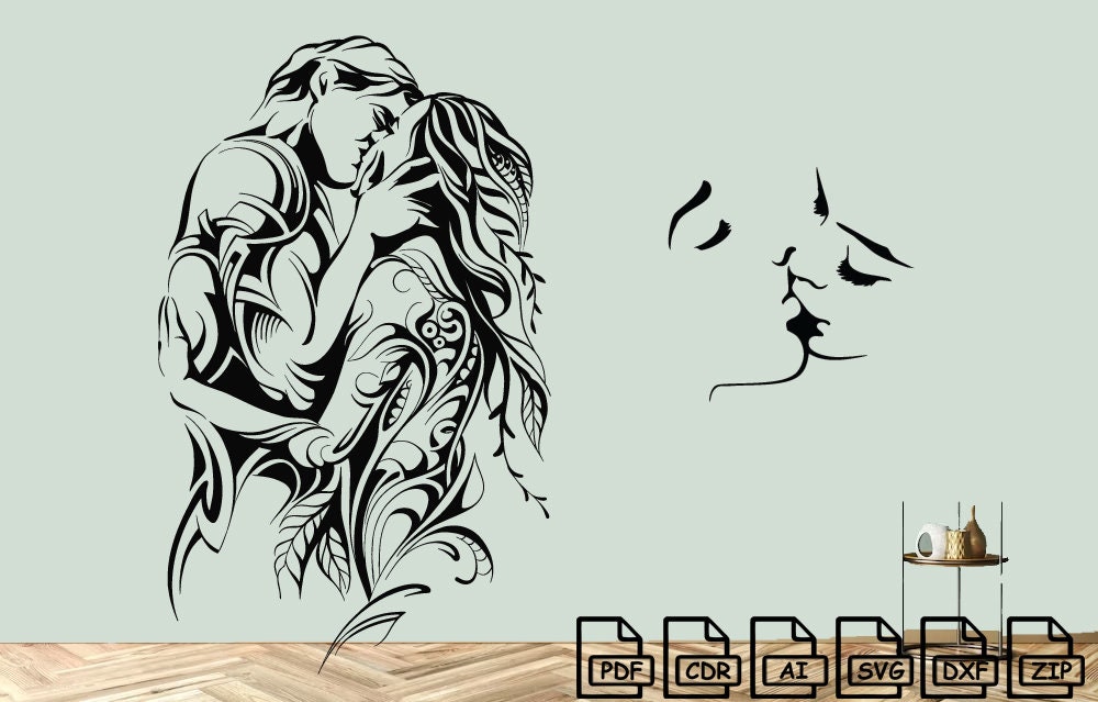 Kissing Couple Svg Dxf File Wall Sticker Pdf Silhouette Template Cnc ...