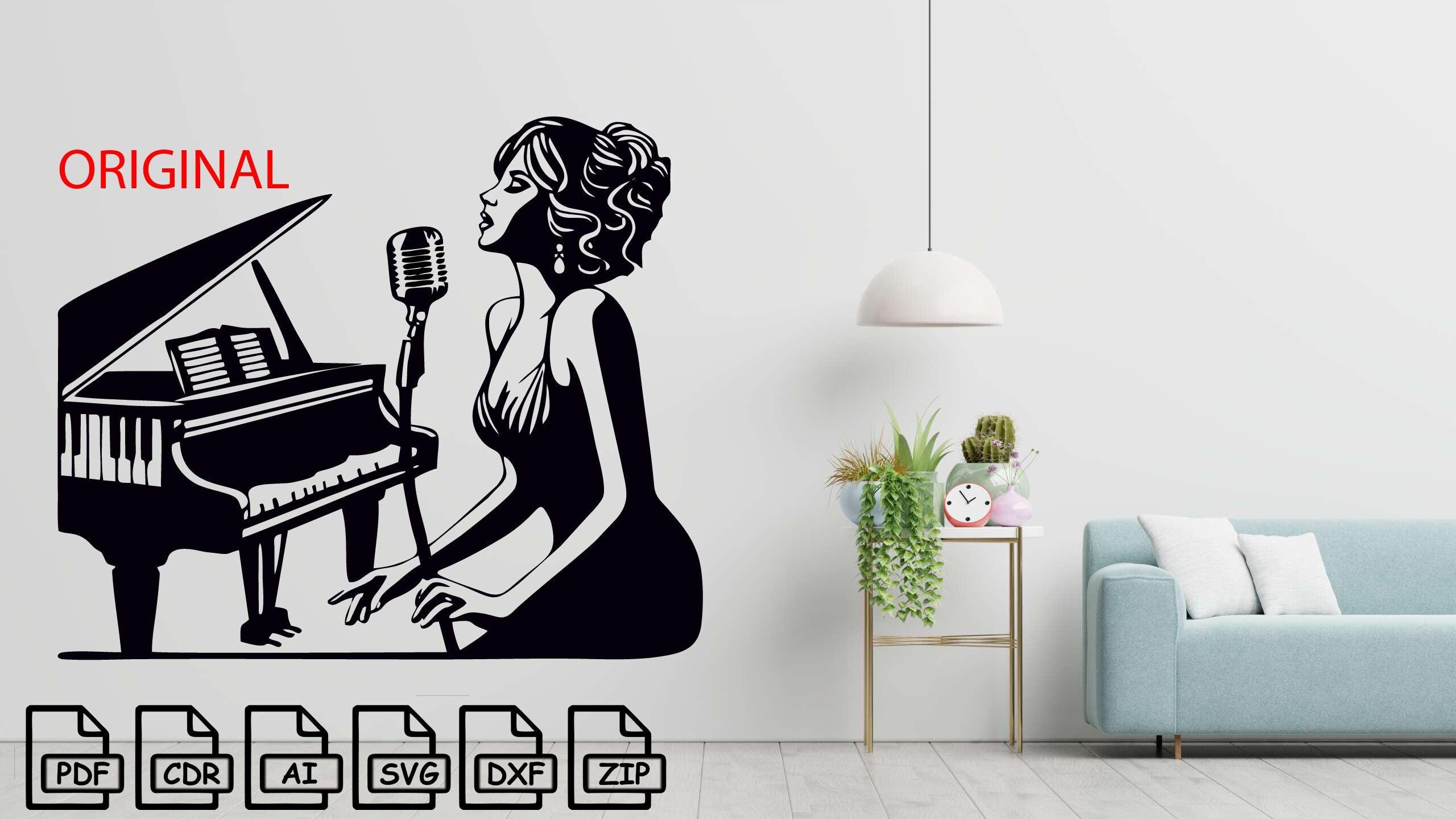 Piano With Woman Singer Svg Dxf File Wall Sticker Pdf Silhouette ...