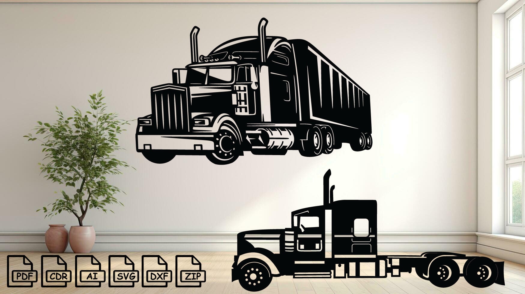 Truck, Semi Truck (2pcs) Svg Dxf File Wall Sticker Pdf Silhouette ...