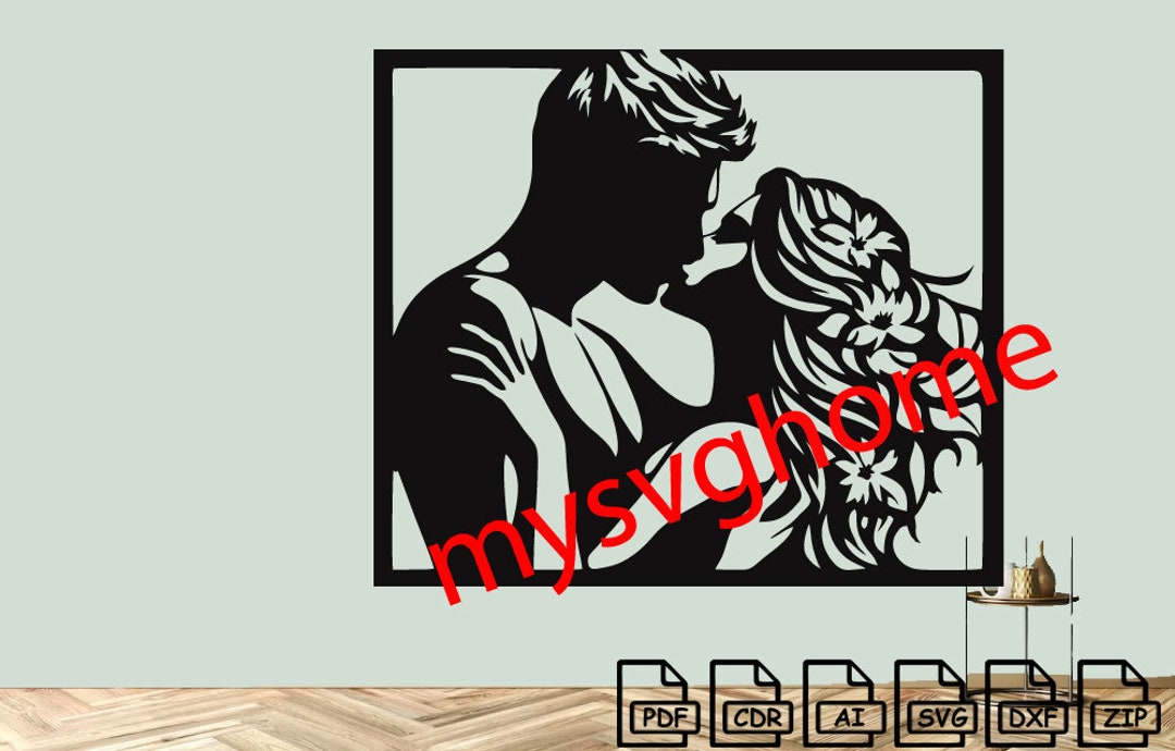Kissing Couple Svg Dxf File Wall Sticker Pdf Silhouette Template Cnc ...
