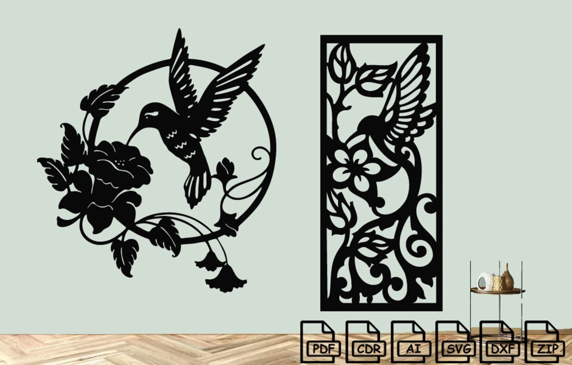 Hummingbird Floral, Panel (2pcs) Svg Dxf File Wall Sticker Pdf ...