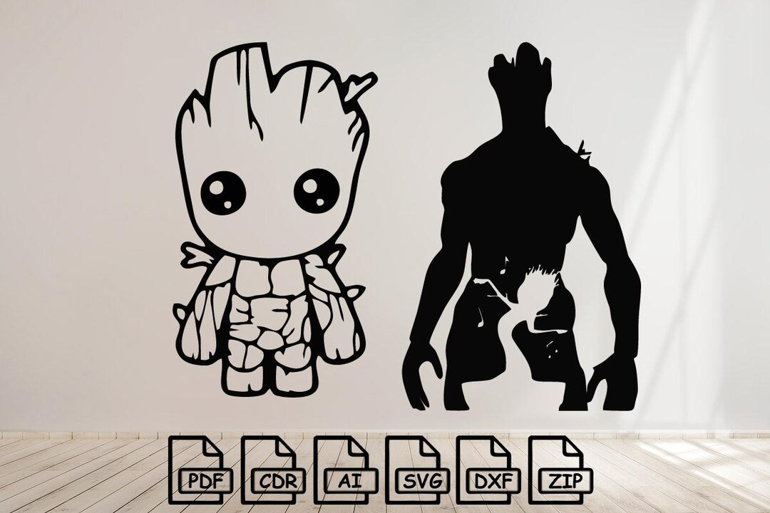 Groot, Marvel (2pcs) Svg Dxf File Wall Sticker Pdf Silhouette Template ...