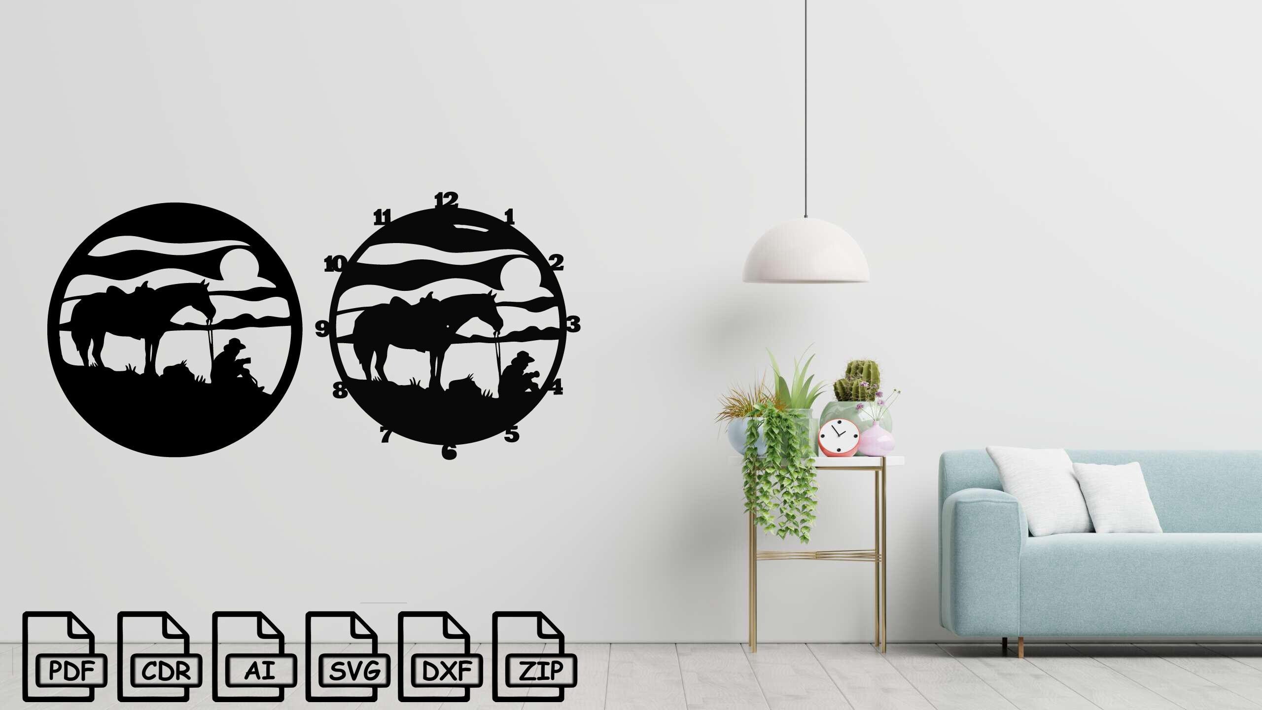 Cowboy, Horse, Wall Clock Cut Svg Dxf File Wall Sticker Pdf Silhouette ...