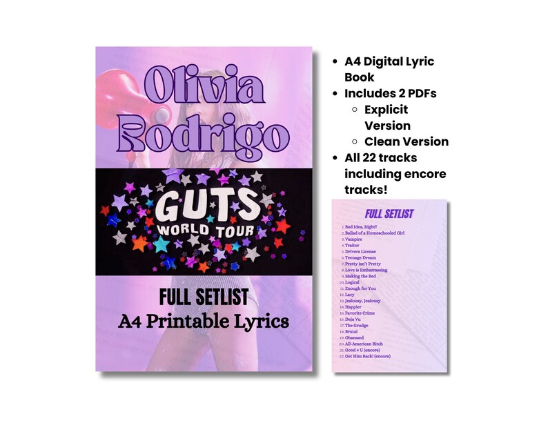GUTS World Tour Setlist Full Lyric Book | Olivia Rodrigo | Digital ...