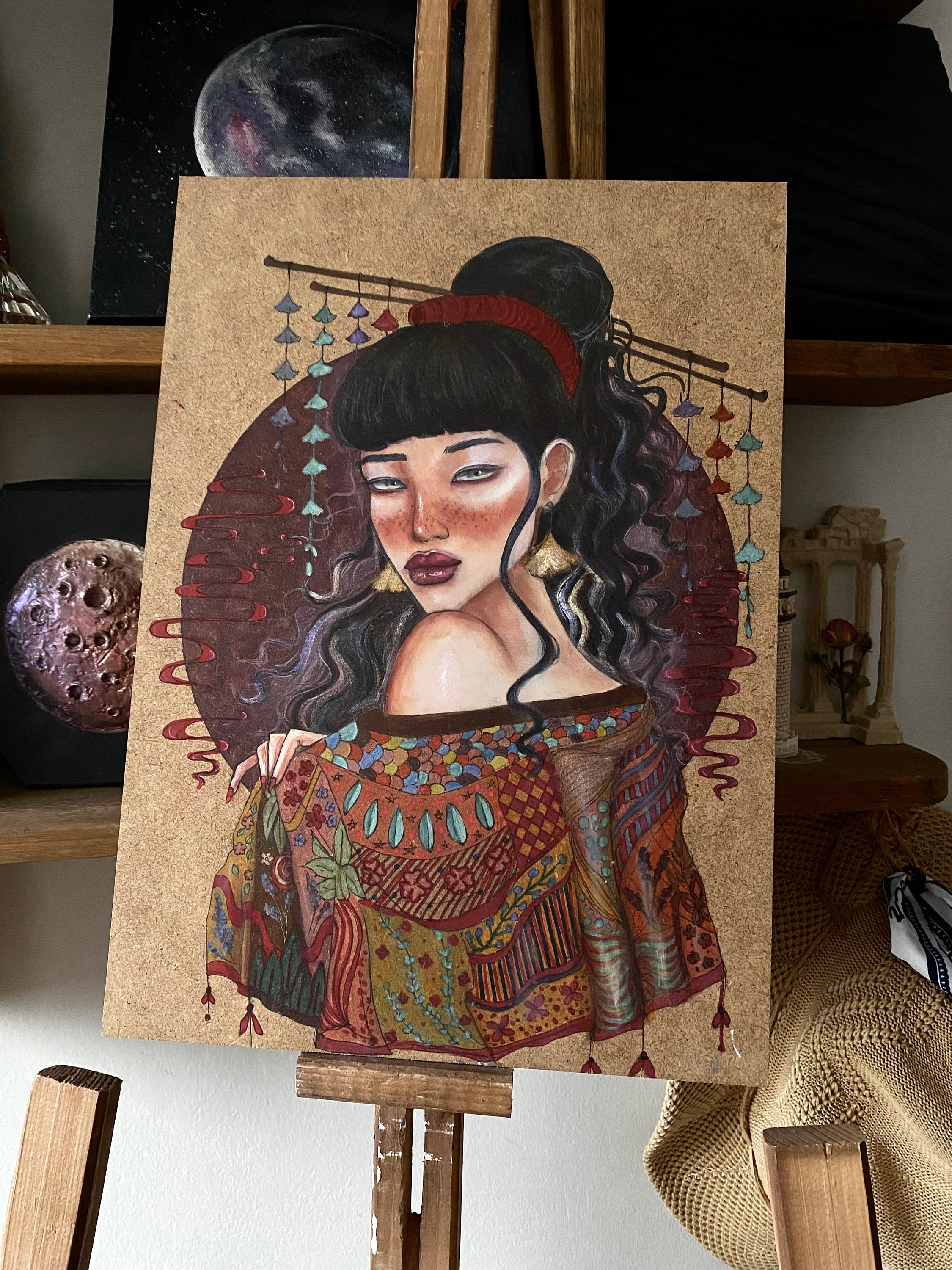 The Scarlet Moon Painting of a Japanese Woman in Traditional Dress ...