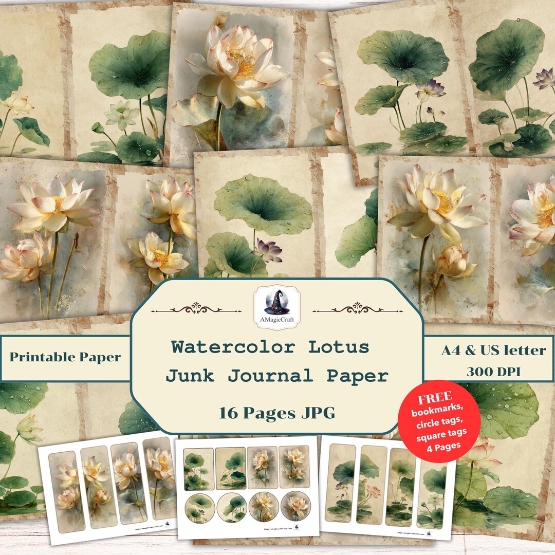 Watercolors Lotus Junk Journal Paper Kit 16 Pages (digital Download A4 ...