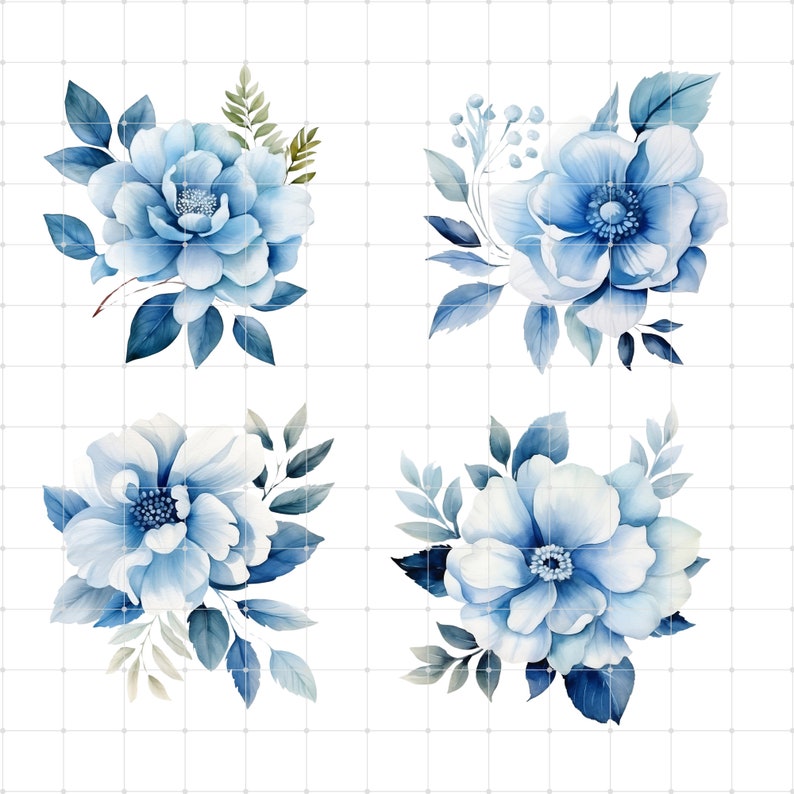 Blue Flower Watercolor Clipart 16 PNG/300 Dpi Digital Download - Etsy