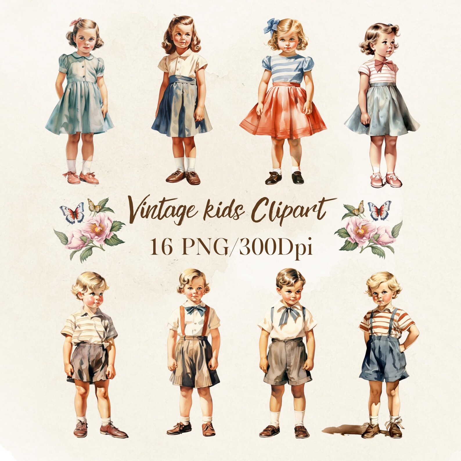 Vintage Kids Watercolor Clipart 16 PNG/300 Dpi Digital Download - Etsy