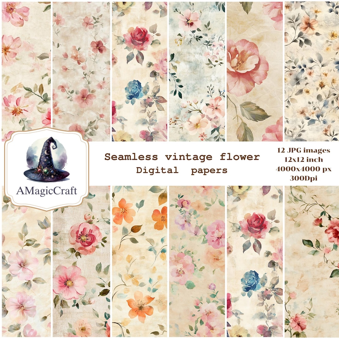 Vintage Floral Digital Paper Pack: Seamless Scrapbook Paper (12 Jpgs ...