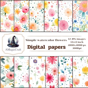 Simple Watercolor Flowers Digital Paper 12 JPG Images 12 Inches X 12 ...
