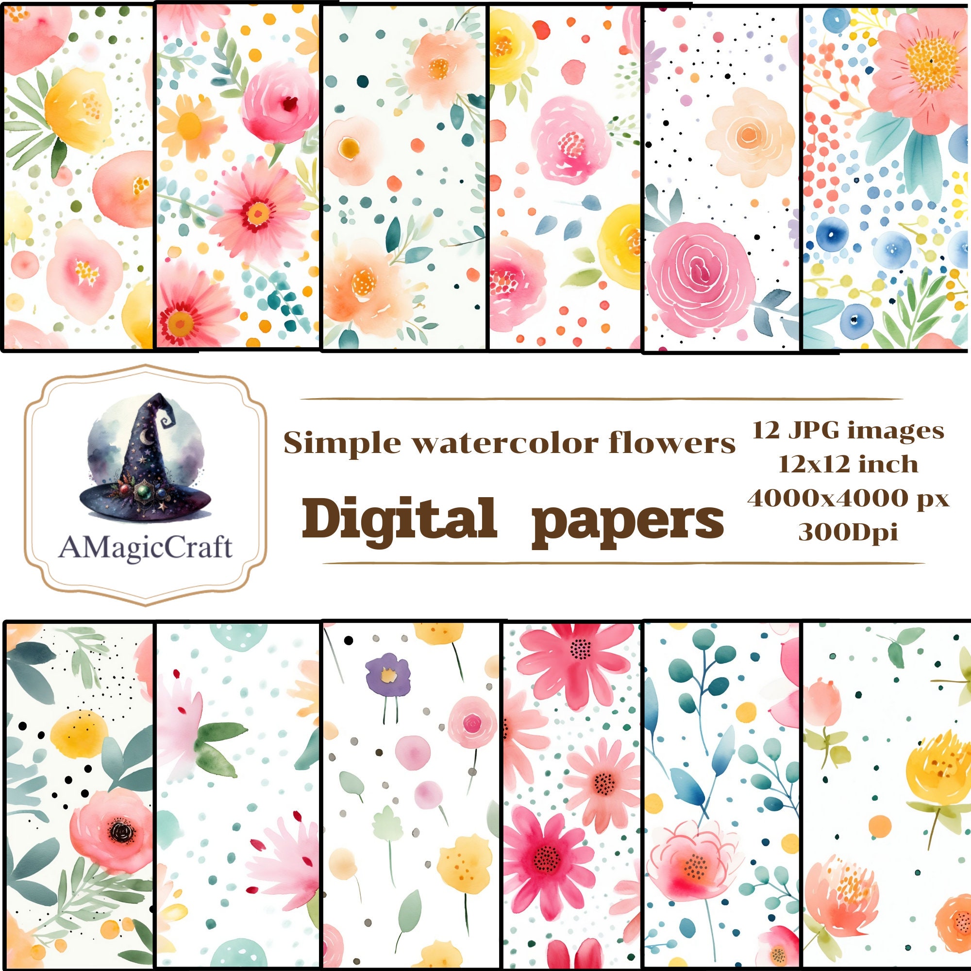 Simple Watercolor Flowers Digital Paper 12 JPG Images 12 Inches X 12 ...