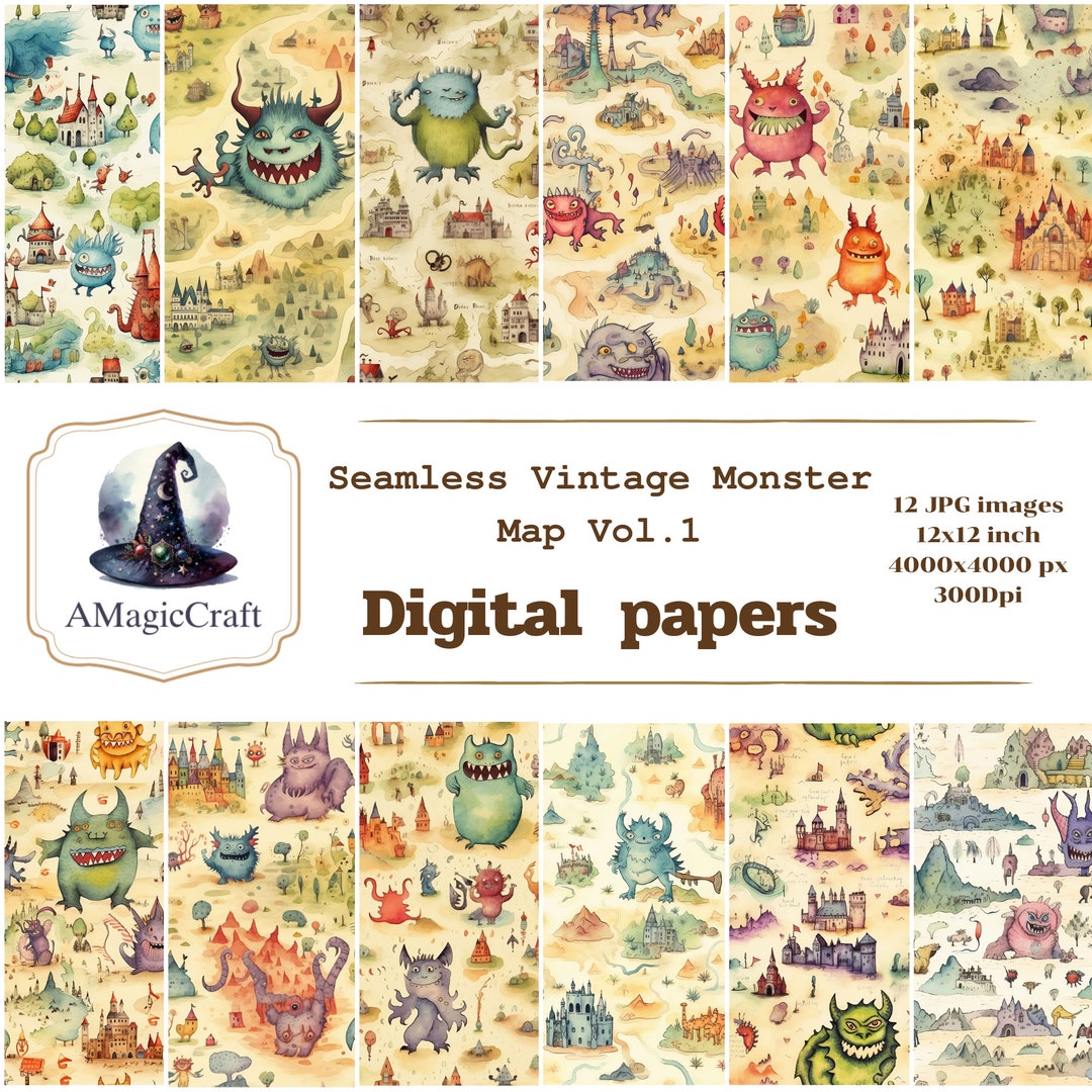 Seamless Vintage Monster Map 12 JPG Images,paper Pack,scrapbook Paper ...