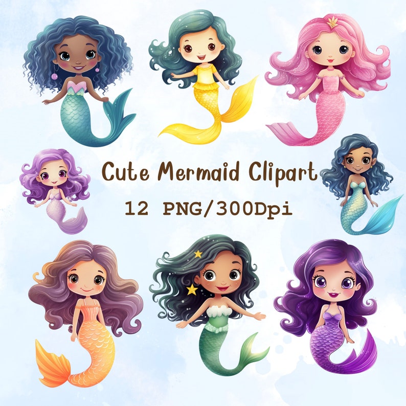 Cute Mermaid Clipart 12 PNG/300 Dpi Digital Download - Etsy