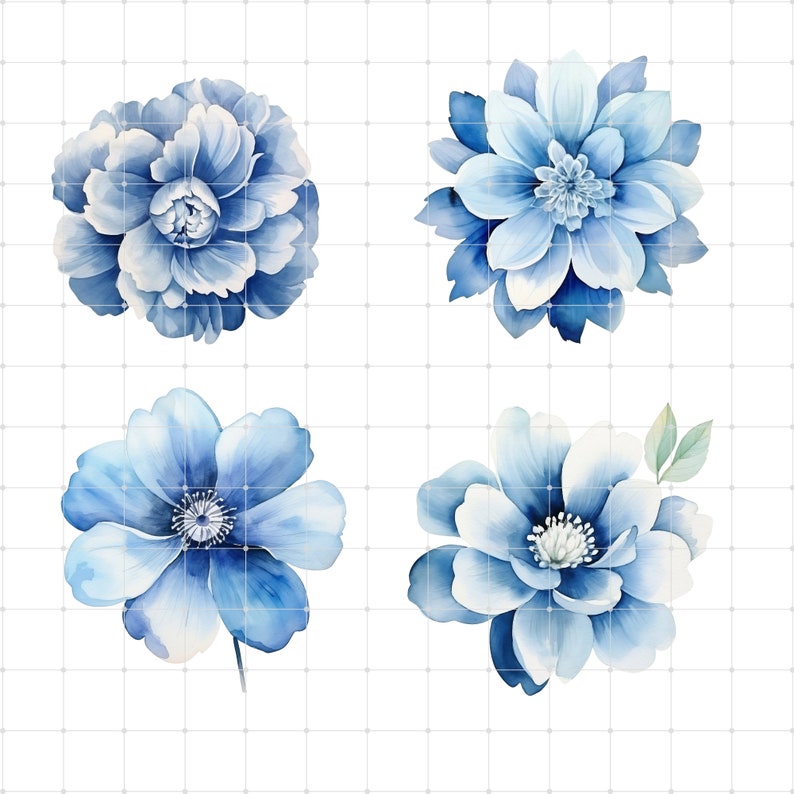 Blue Flower Watercolor Clipart 16 PNG/300 Dpi Digital Download - Etsy