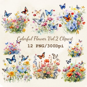 Colorful Flower Vol.2 Watercolor Clipart 12 PNG/300 Dpi Digital ...