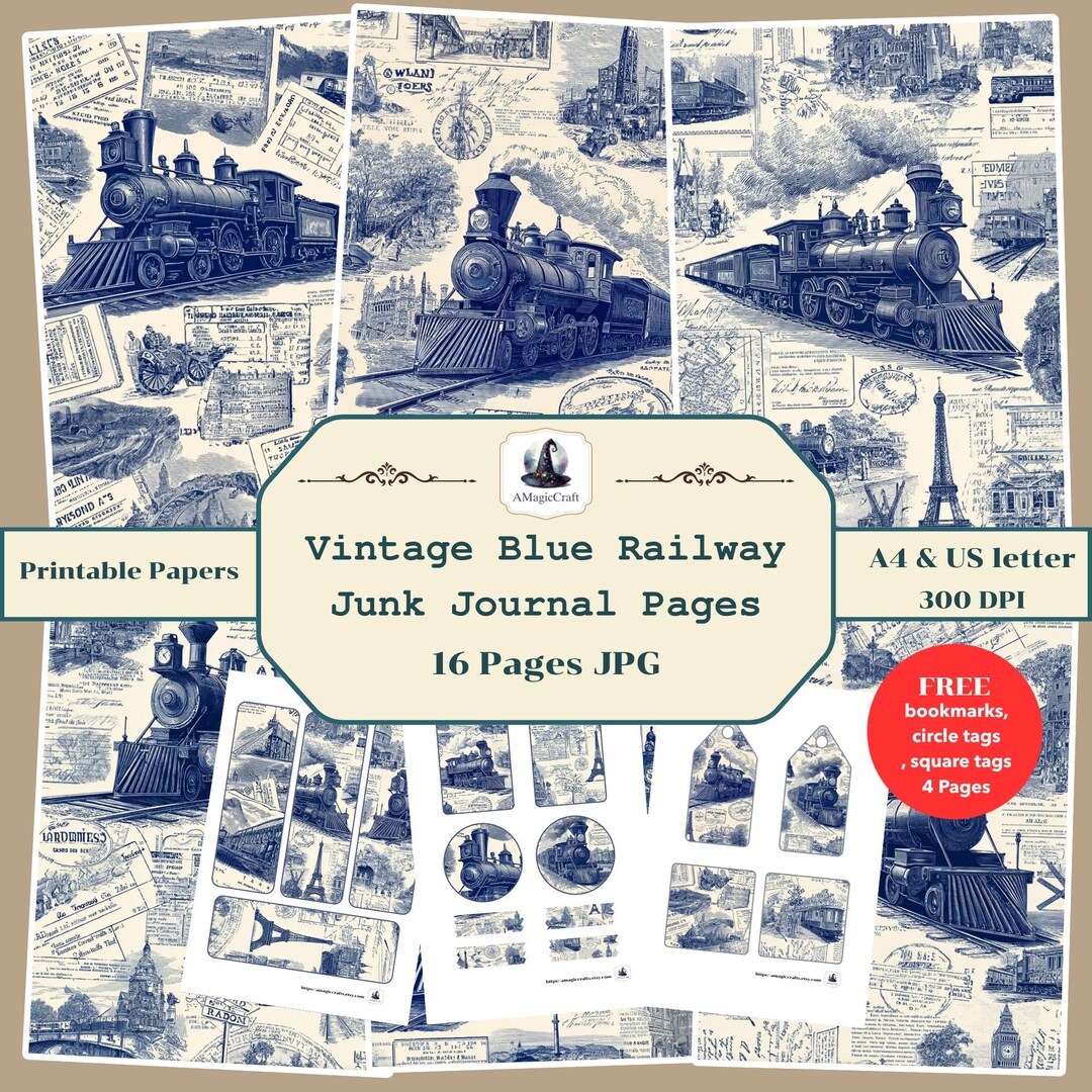Vintage Blue Railway Junk Journal Pages Kit (printable Papers /A4 & US ...