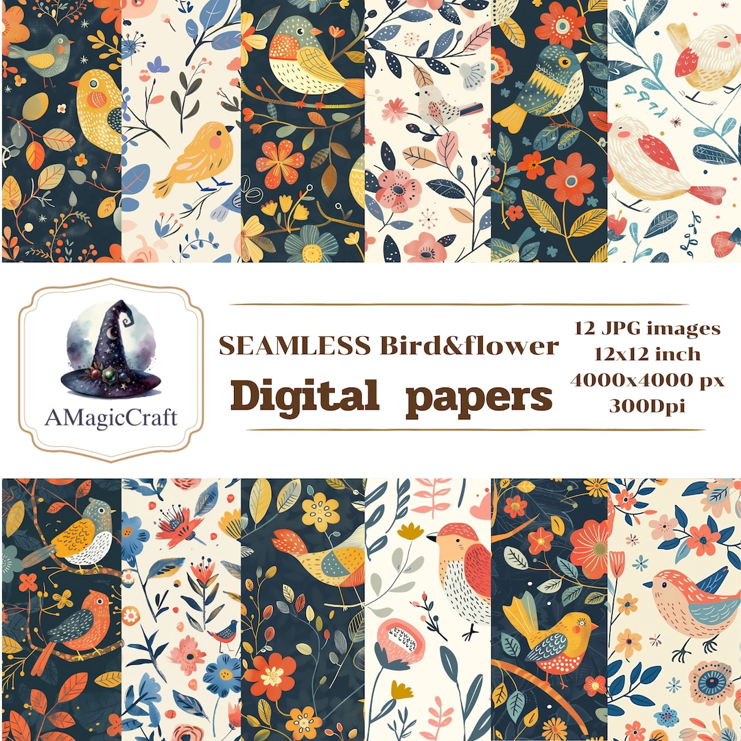 SEAMLESS Bird&flower Digital Paper 12 JPG Images,paper Pack,scrapbook ...
