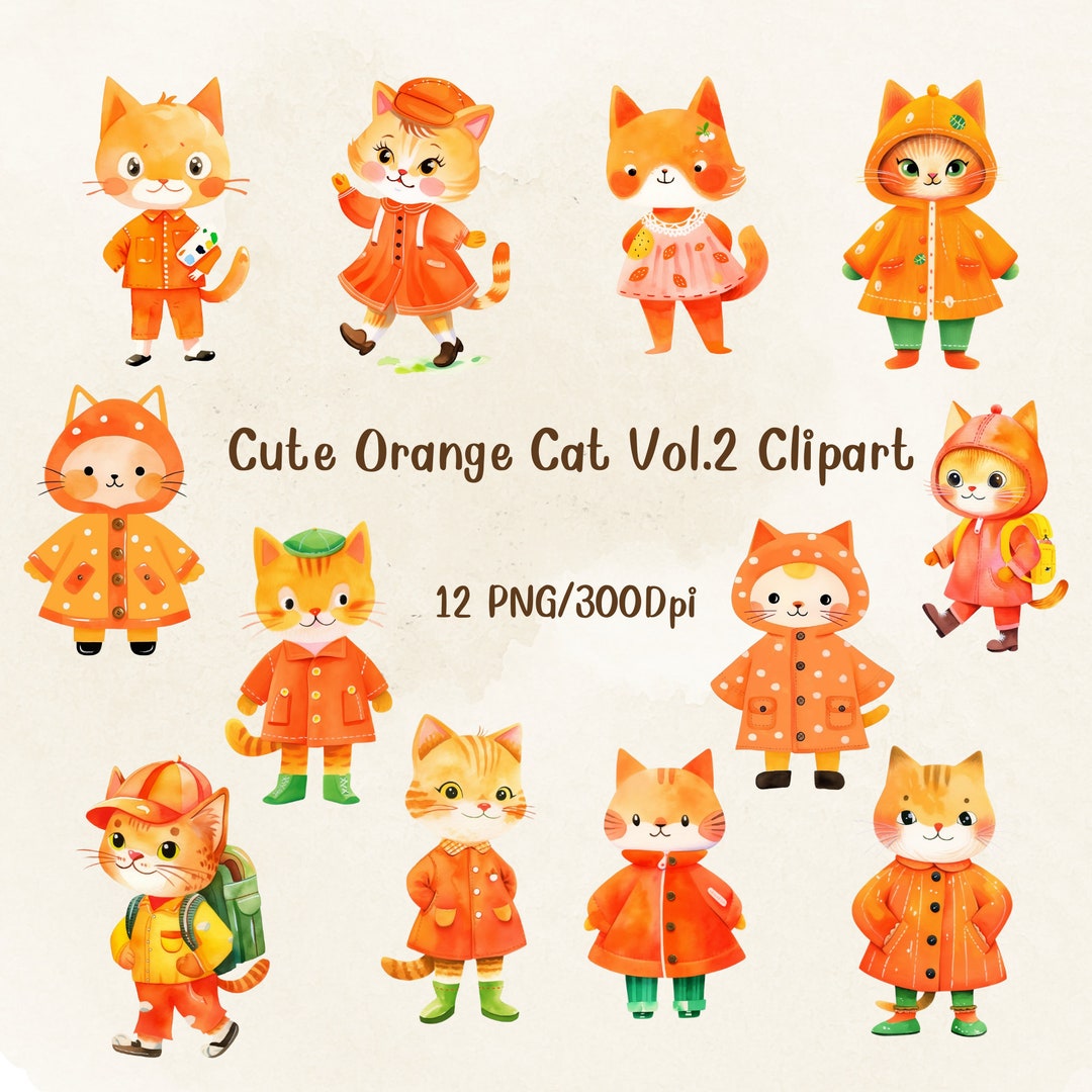 Cute Orange Cat Vol.2 Watercolor Clipart 12 PNG/300 Dpi Digital ...