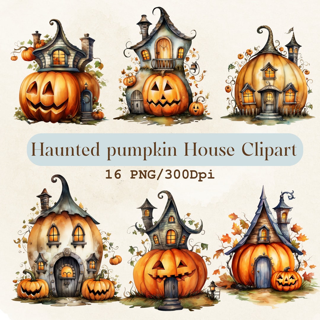 Haunted Pumpkin House Watercolor Clipart 16 PNG/300 Dpi Digital ...