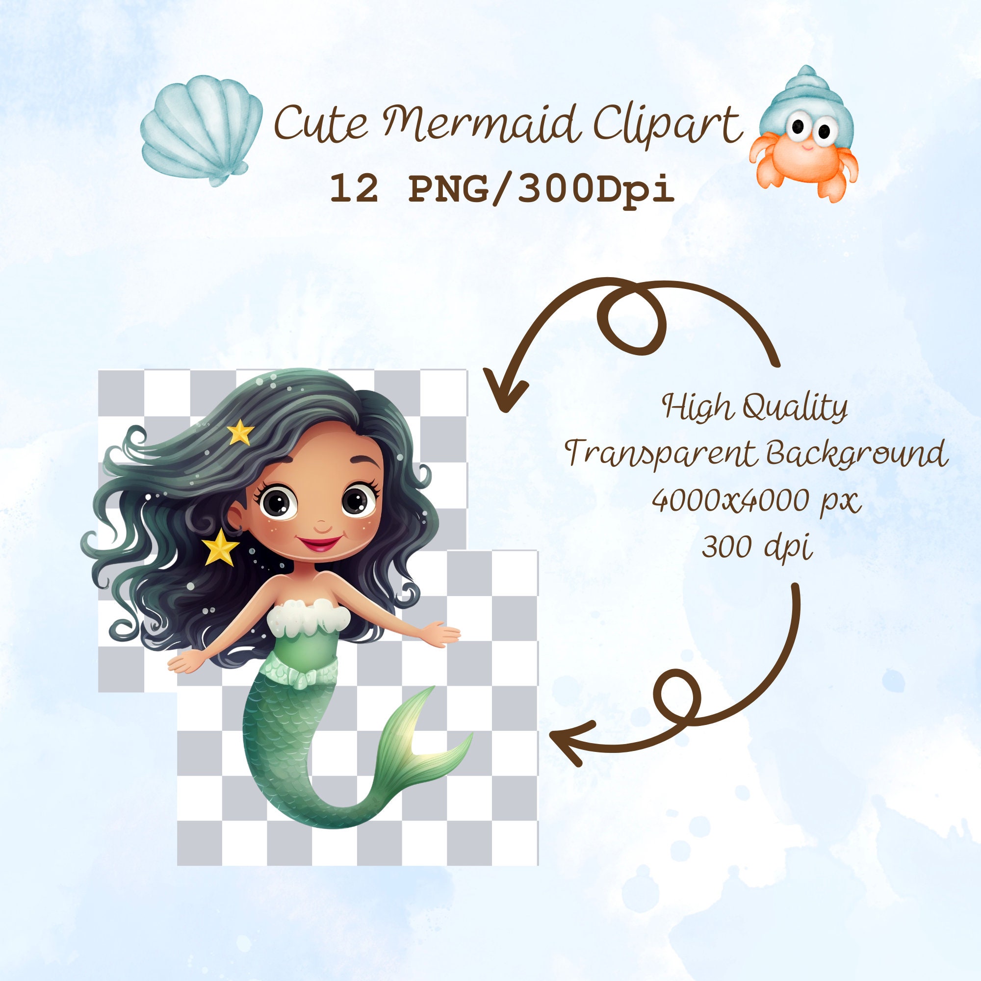 Cute Mermaid Clipart 12 PNG/300 Dpi Digital Download - Etsy
