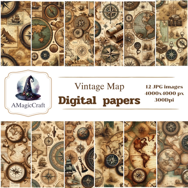 Vintage Map Digital Paper: 12 JPG Images for Scrapbooking (digital ...