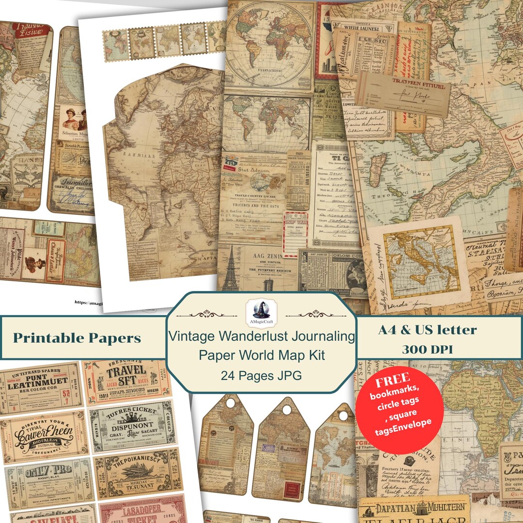 Kit di diario Vintage Wanderlust con mappa del mondo, 24 pagine (kit di ...